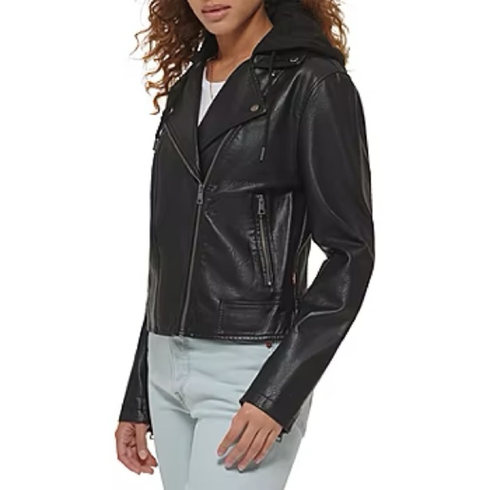 Levi's Womens Faux Leather Hooded Motorcycle Jacket - Gem